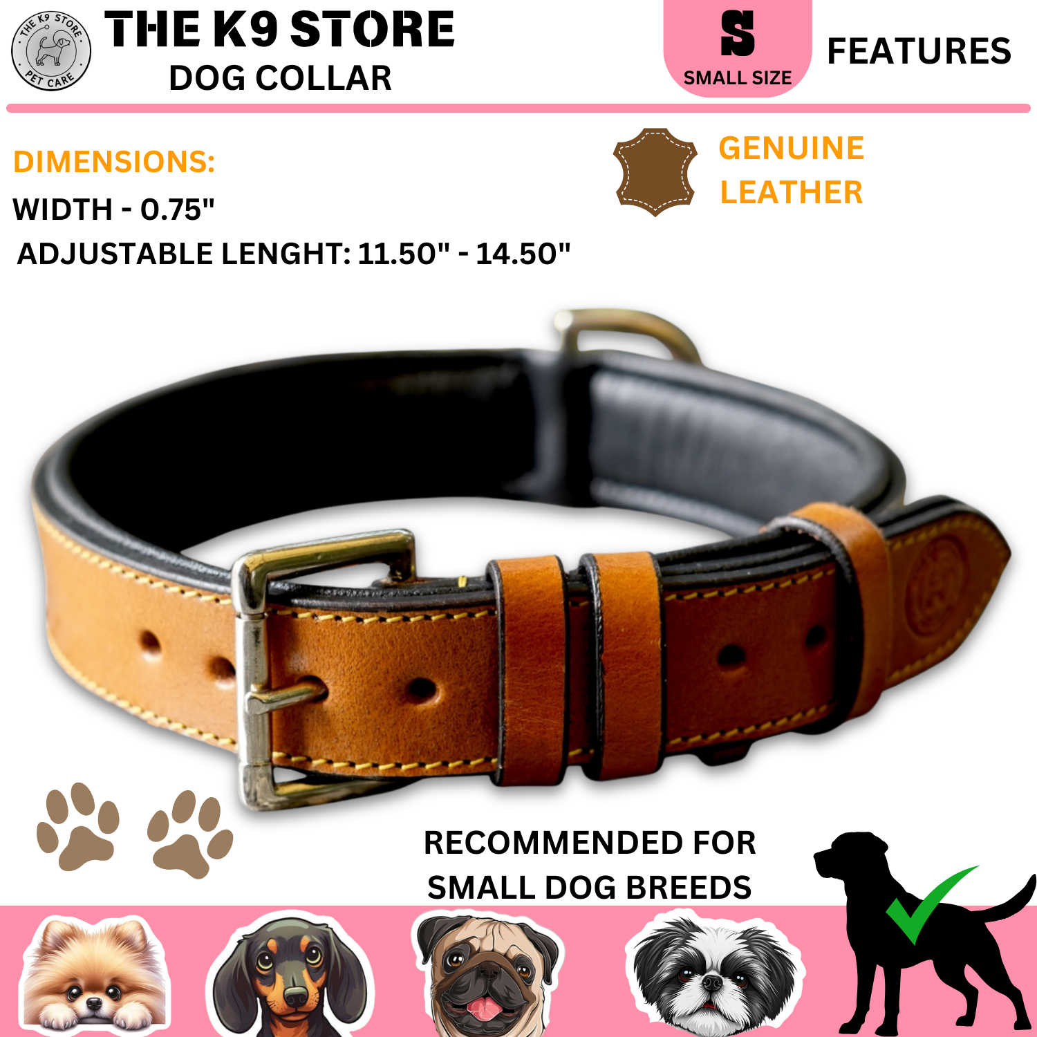 The K9 Store 100% Highgrade Leather Colored Basic Dog Neck Collar (Tan